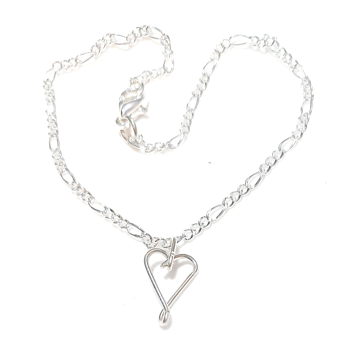 Sterling Silver plated Anklet Ankle Bracelet Heart charm 8 inch, 9 inch, 10 inch, 11 inch, 12 inch, 13 inch 2 mm Figaro chain