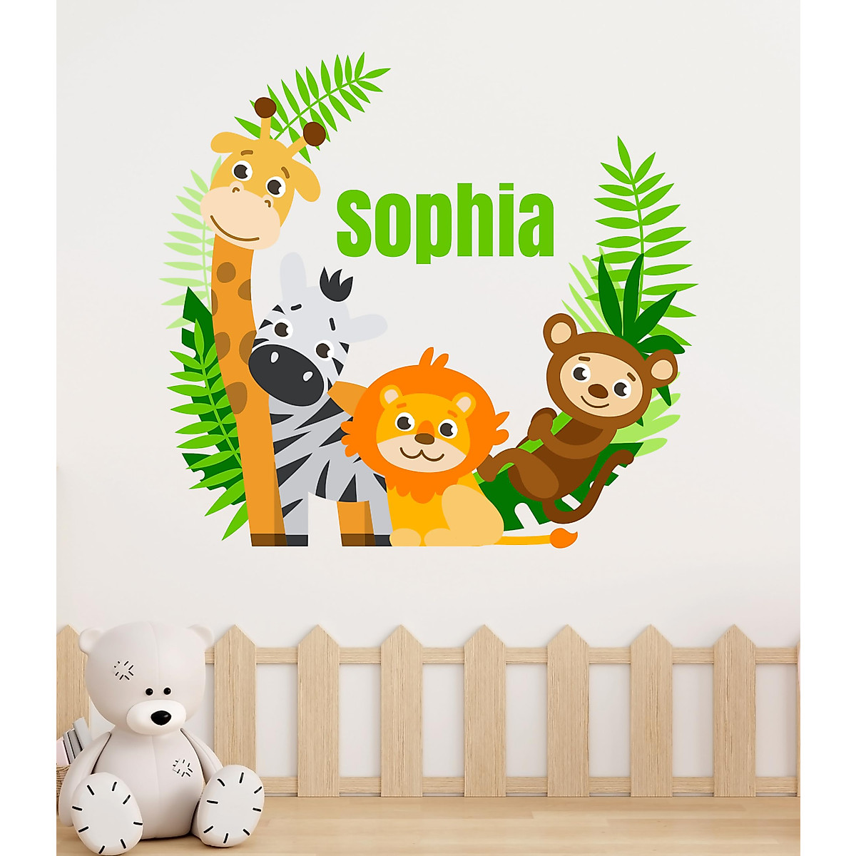 Jungle Animals Custom Name Wall Decal - Baby Safari Animals Series Theme Wall Art Decal - Wall Decal for Nursery Bedroom playroom Decoration (Wide 15"x13" Height)