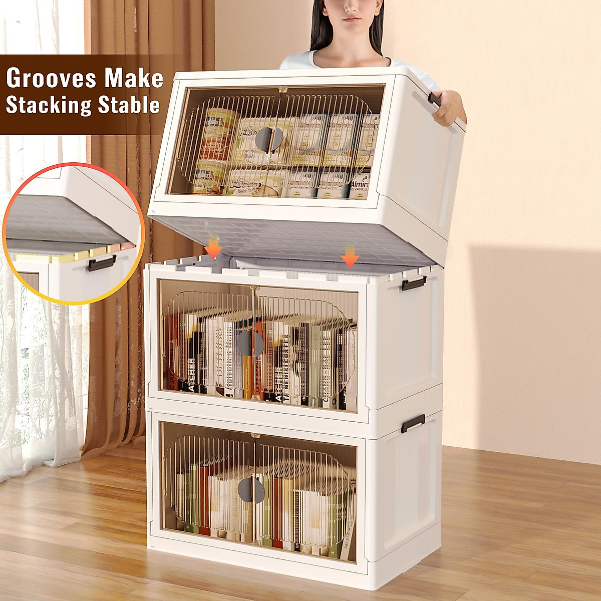 Clear Storage Bin with Lid 3 Pack 【Stackable & Sturdy】Plastic Bins for Storage, Multifunctional Folding Storage Bins for Bedroom, Living Room, Study, Toy Room, Folding Box with Magnetic door