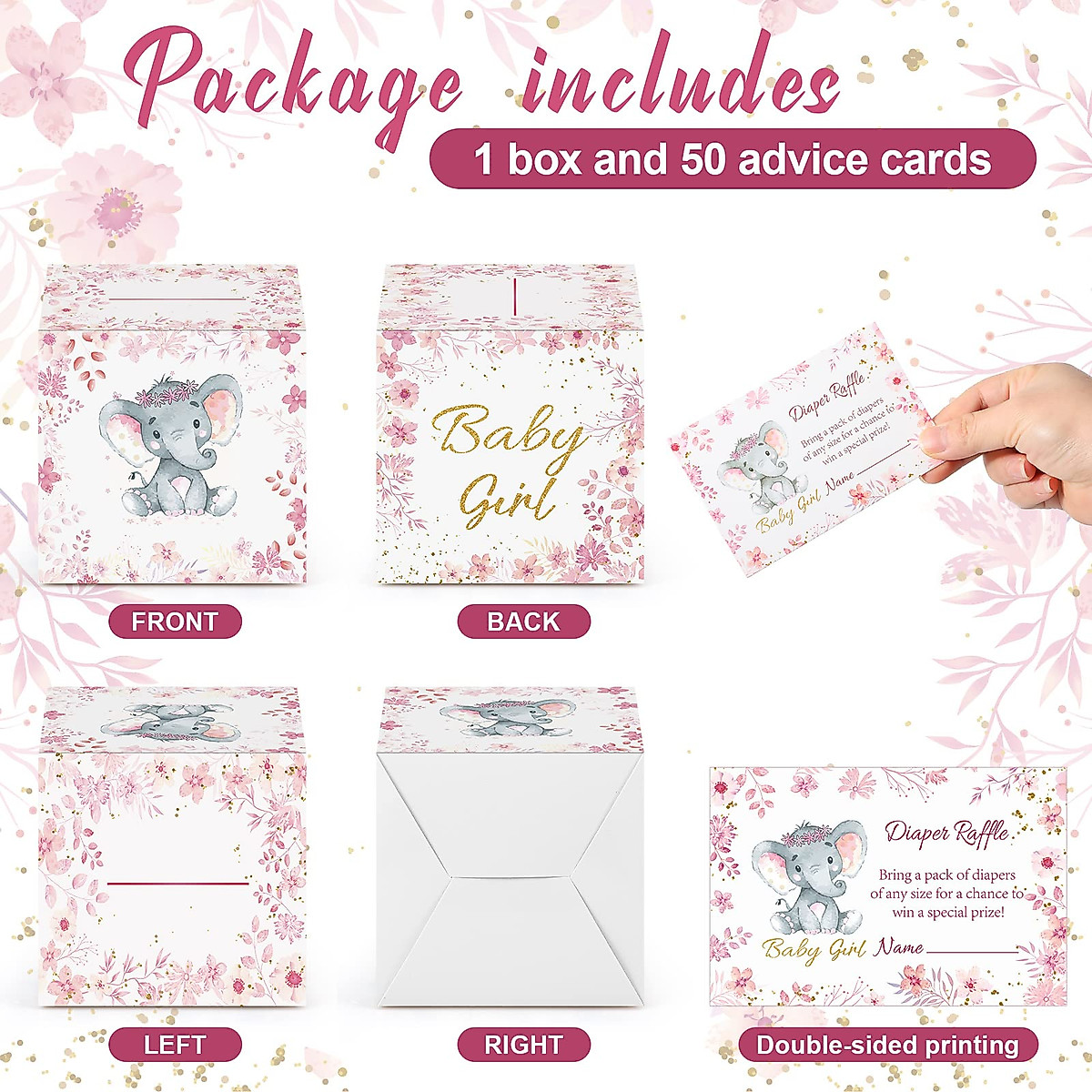 50 Pcs Elephant Diaper Raffle Tickets with Baby Shower Holder Box Baby Party Decorations Diaper Raffle Box Baby Shower Card Girl Elephant Game Insert Card for Baby Party Diaper Raffle Game