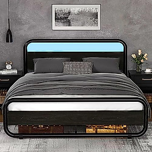 HOMBCK Full Size Bed Frame with Headboard, Metal Bed Frame Full with LED Lights, Heavy Duty Metal Slats, No Box Spring Needed, Noise Free, Easy Assembly, Black