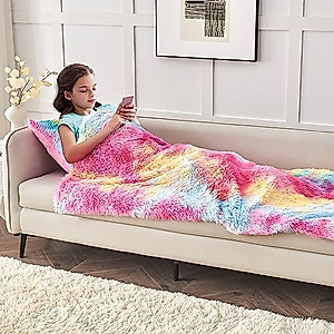 UOMNY Faux Fur Throw Blanket with Throw Pillow Cover Tie Dye Fluffy Blanket Set for Girls 50 x 60 Rainbow Plush Blankets for Couch Sofa Bed Teen Girl Gifts for Birthday Christmas Pink