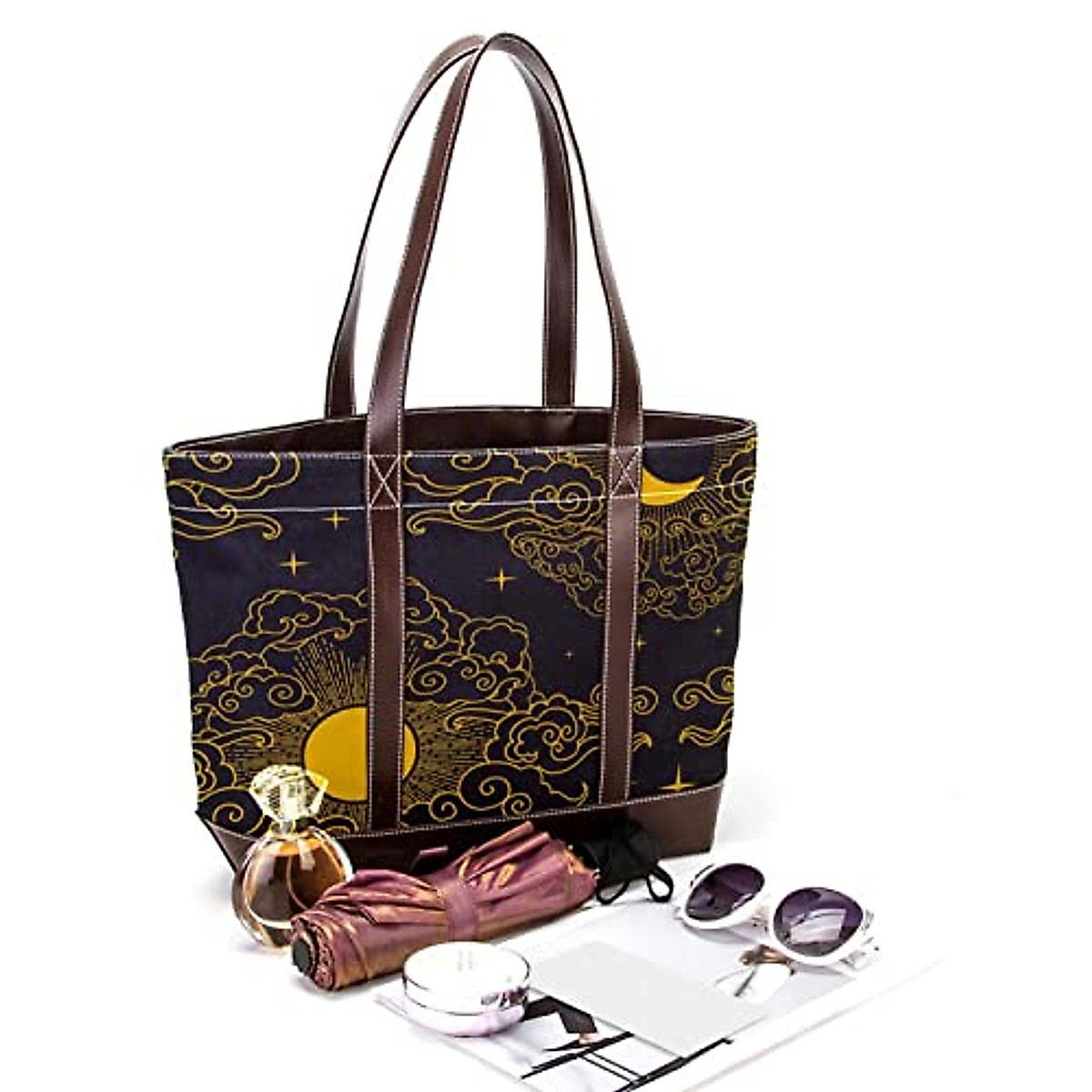 Sun and Moon Art Black Pattern Tote Bags Large Leather canvas Purses and Handbags for Women Top Handle Shoulder Satchel Hobo Bags