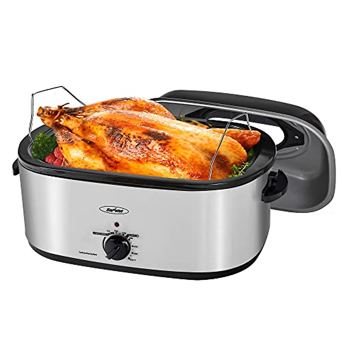 Sunvivi 26 Quart Electric Roaster Oven Turkey Roaster with Lid Electric Roasters with Removable Pan Large Roaster, Visible & Self-basting Lid, Fast Heating & Thaw/warming Setting, Silver