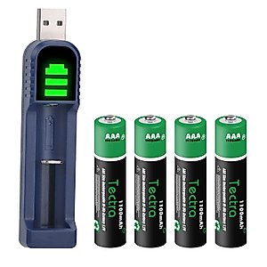 Tectra 4pcs AAA Ni-MH Rechargeable AAA Batteries with LED USB Charger for Wireless Keyboard and Mouse, Clocks, Remotes, Toys & Electronic Devices