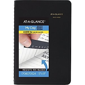 AT-A-GLANCE 2023-2024 Academic Planner, Daily, Quarter-Hourly Appointment Book, 5" x 8", Small, Pocket, Flexible Cover, Black (7080705)