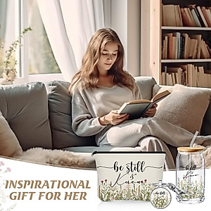 Ziliny 3 Pcs Christian Gifts for Women Be Still and Know Religious Gifts 16 oz Glass Cups with Lid Inspirational Scripture Keychain Bible Verse Cosmetic Bag Gifts for Teacher Student(Flower)