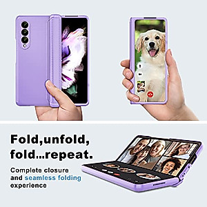 Fold 3 Case with Hinge Protection & Screen Protector, Triangular Anti-Skid Texture Design, Slim Fit Lightweight Protective Cover Supports Wireless Charging for Samsung Galaxy Z Fold 3 5G (Purple)