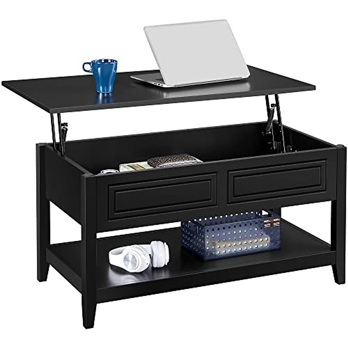 Yaheetech Lift Top Coffee Table with Hidden Compartment and Open Storage Shelf Pop Up Center Table for Living Room Reception, Black