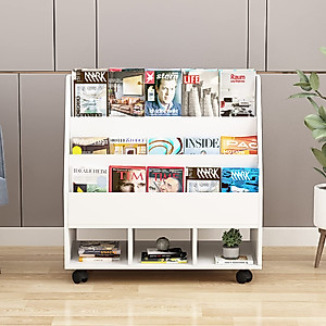 MIN WIN Double Sided Mobile Bookcase Display Stand,4-Shelf Wood Open Book Shelf with 3 Cube Units, Sling Storage Bookshelf Wide Magazine Shelf for Offices, Library,Schools,White