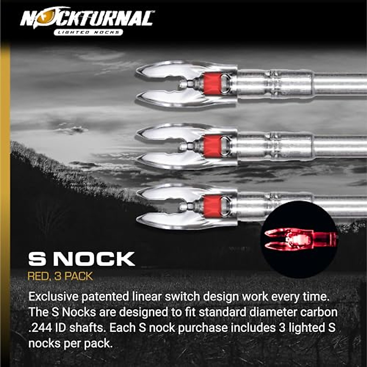Nockturnal NT-202 -S Lighted Nock for Arrows with .244 Inside Diameter Including Carbon Tech, Victory, Carbon Impact, Carbon Revolution, Easton, Beman and PSE Brands - RED 3-Pack