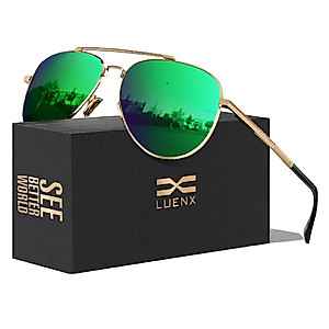 LUENX Men Aviator Sunglasses Polarized Womens Mirror Green Lens Metal Gold Frame Driving Shades Classic Style