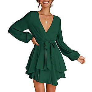 Cosonsen Womens Swing Dress Deep V-Neck Bishop Sleeve Tie Waist Ruffle Dresses Green M