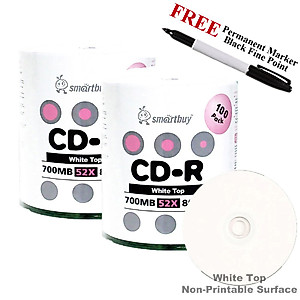 Smartbuy 200-disc 700mb/80min 52x CD-R White Top Blank Media Record Disc + Black Permanent Marker