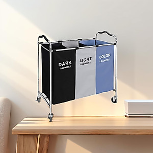 Laundry Sorter 3 Section, 240L Large Laundry Cart with Wheels 3 Hamper Laundry Sorter with Steel Frame and Removable Bag for Dirty Clothes in Laundry Room Bedroom-Blue