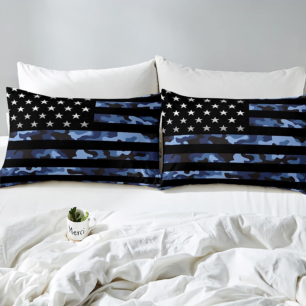 Blue Camo American Flag Full Size Duvet Cover Set,Camouflage Stars Stripes USA Flag Duvet Cover for Girls Teens Decorative Bedroom,Navy Blue Black Polyester Quilt Cover with 2 Pillowcases