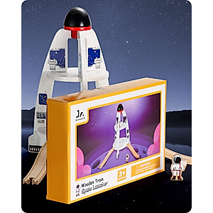 SainSmart Jr. Wooden Train Track Accessory, Space Launcher Rocket Ship Play Set with Astronauts, Compatible with Brio, Thomas, Melissa and Doug