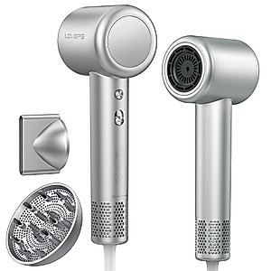 LOVEPS Hair Dryer with Diffuser, 110000 RPM Brushless Motor Ionic Blow Dryer, Portable Quiet Electric Hair Dryers Low Noise, Magnetic Nozzle, Fast Drying for Travel, Salon, Women Gifts - Silver