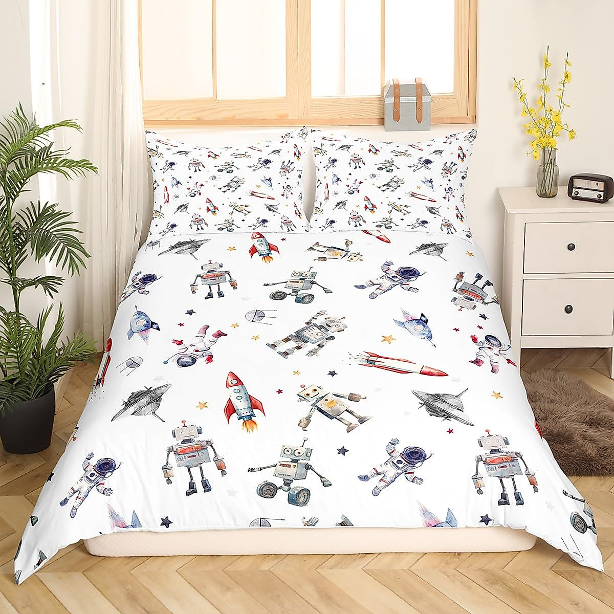 Kids Robot Duvet Cover Set Queen Size,UFO Spaceship Astronauts Bedding Set for Boys Girls Child Room Decor,Cute Aircraft Stars Print Comforter Cover Space Adventure White Quilt Cover,2 Pillowcases