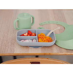 BEABA The Essentials Silicone Meal Set of 4, 100% Silicone Baby Plate Set - Dishwasher Safe, Soft, Unbreakable - Includes Siicone Plate, Sippy Cup, Bib and Spoon, Grey/Sage