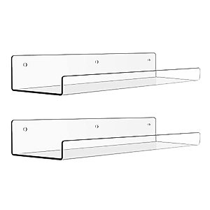 upsimples Clear Acrylic Shelves for Wall Storage, 15" Acrylic Floating Shelves Wall Mounted, Kids Bookshelf, Display Ledge Wall Shelves for Bedroom, Living Room, Bathroom, Kitchen, Set of 2