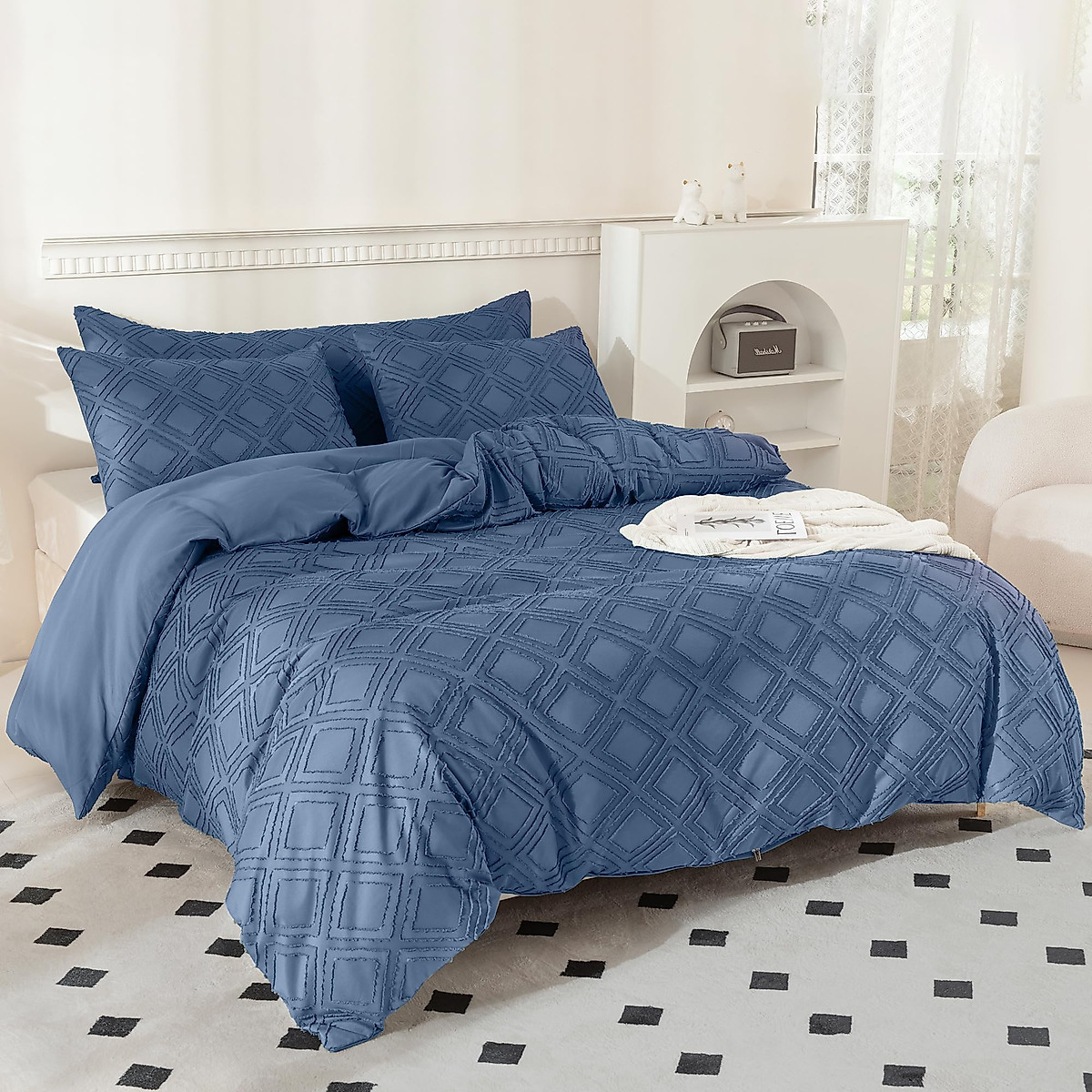 JELLYMONI Blue Duvet Cover Full Size - 3 PCS Microfiber Tufted Duvet Cover Set, Boho Textured Duvet Cover Jacquard Rhombus Geometric Pattern Duvet Cover with Corner Ties & Zipper Closure