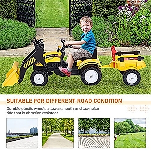 Aosom Kids Ride-On Excavator, Pedal car Bulldozer Move Forward/Back with Real Working Dirt Bucket, 6 Wheels, & Cargo Trailer