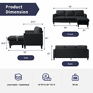 Zafly Convertible Sectional Sofa Couch with Movable Storage Ottoman Chaise, Living Room 3 Seat L-Shaped Sofá, Modern Linen Fabric Home Sofa -Dark Gray