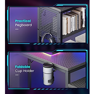 DOMICON Computer Desk 72" L Shaped Desk with Power Outlets, Gaming Desk with LED Lights & Long Adjustable Monitor Stand, Corner Desk with Storage, Cup Holder & Headset Hooks (Black Carbon Fiber)