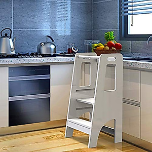 ZZBIQS Wooden Kitchen Toddler Step Stool Helper, Height Adjustable Learning Toddler Tower with Safety HandRail, Standing Tower Daycare Furniture for Kids (White)