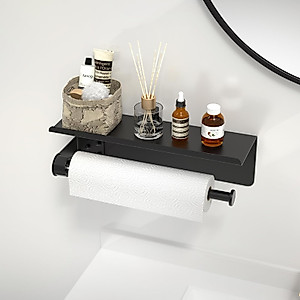 WEST TUNE Wall Mount Paper Towel Holder with Shelf for Kitchen, Single Hand Operable Bathroom Paper Towel Holder with Damping Effect, Self-Adhesive or Drill Mounting-Stainless Steel Matte Black