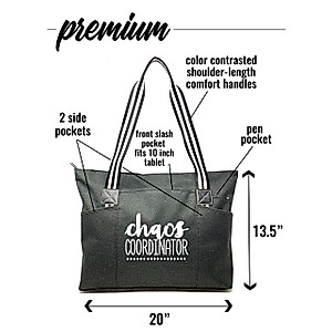 Brooke & Jess Designs Chaos Coordinator Tessa Black Zipper Canvas Tote Bag - Gift Ideas for Female Bosses, Thank You Office Appreciation Gift