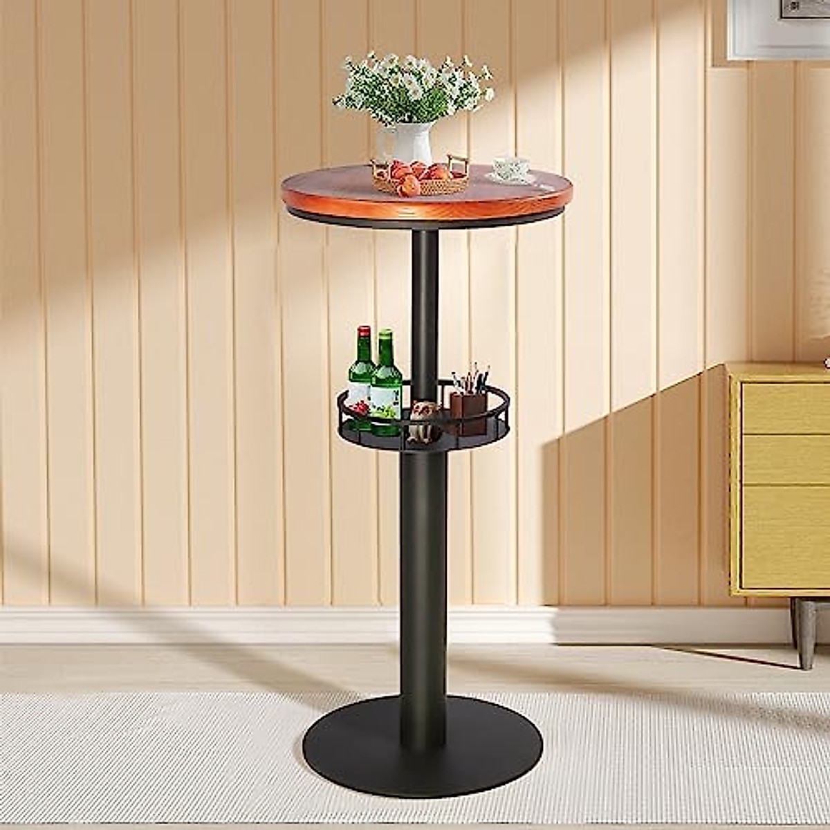 LOKKHAN 42" Tall Rustic Industrial Bar Table with Storage-19.68" Dia Round Wooden Top Metal Bar Height Adjustable Standing Pub Table-Dining Room Cocktail Bistro Table