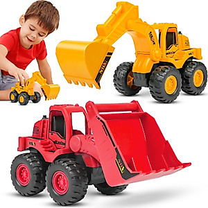 Construction Toys, Friction Powered Excavator Loader Truck Vehicles, Beach Sand Sandbox Toys for 3, 4, 5 Years Old Boys Kids Girls (2 Pack)