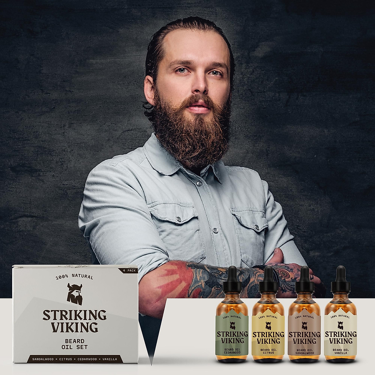 Striking Viking Beard Folding Wooden Comb and 4 Pack Beard Oil for Men