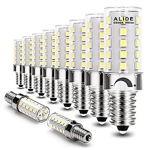 ALIDE Dimmable E12 Led Bulbs 6000k Daylight White 5W,Replace 40 Watt E12 Halogen Equivalent,T6 Base 120V E12 C7 LED Candelabra Bulbs Bright White for Ceiling Fan Chandelier Lighting,450lm,10Pack