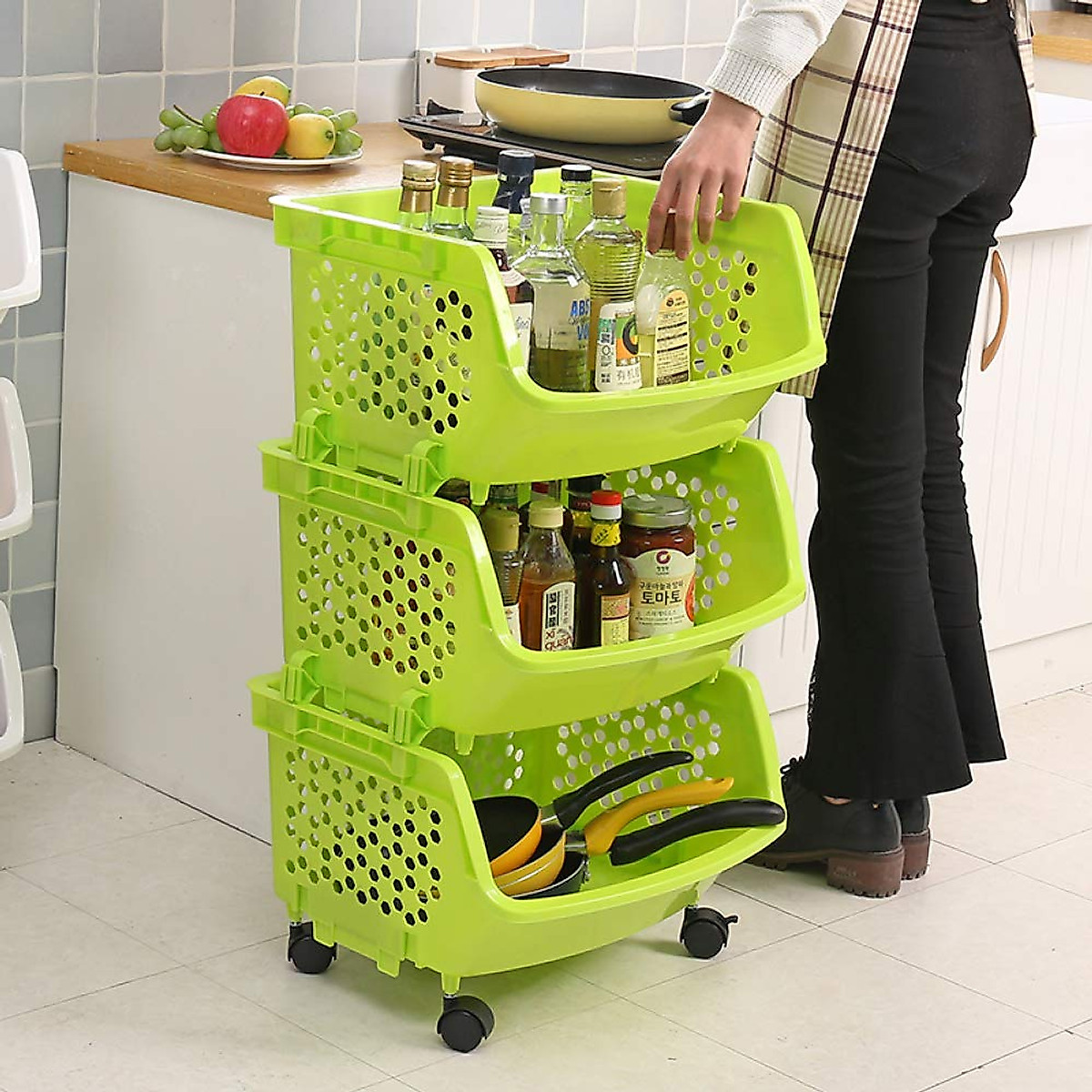 HWJX 3-Tier Plastic Storage Rack Box Stand Stacking Stackable Basket Storage Organize,White/Green (Green)