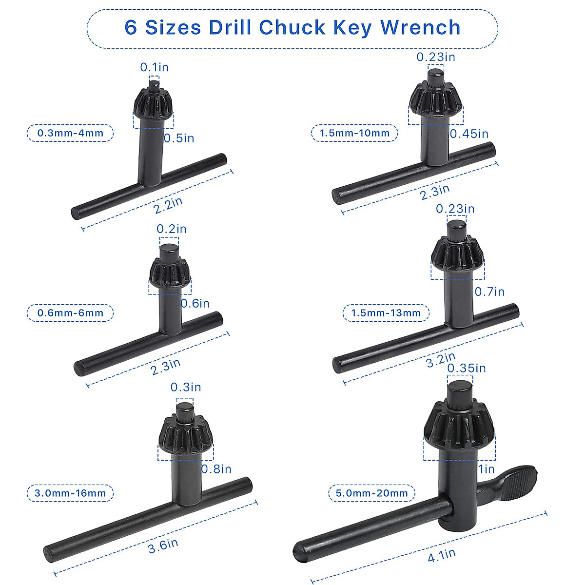 Worldity 6 Sizes Drill Chuck Key Wrench, Heavy Duty Carbon Steel Replacement Drill Press Chuck Key for Drill Clamping Tool (Chuck Diameter: 5/32" 1/4" / 3/8" / 1/2" / 5/8" 3/4")