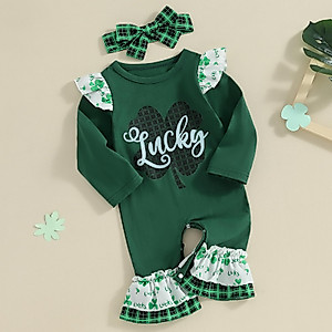 Newborn Baby Girl St. Patrick's Day Outfit Long Sleeve Four Leaf Clover Romper Ruffle Bodysuit Jumpsuit Headband Set (Green, 0-3 Months)