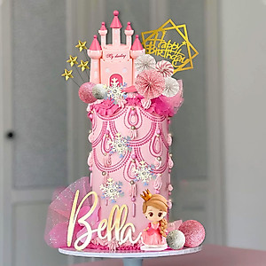 19PCS Princess Cake Topper Castle Cake Decoration for Girl with Snowflake and Stars for Girl Kid Happy Birthday Party Decorations Princess Baby Shower Supplies (Pink)
