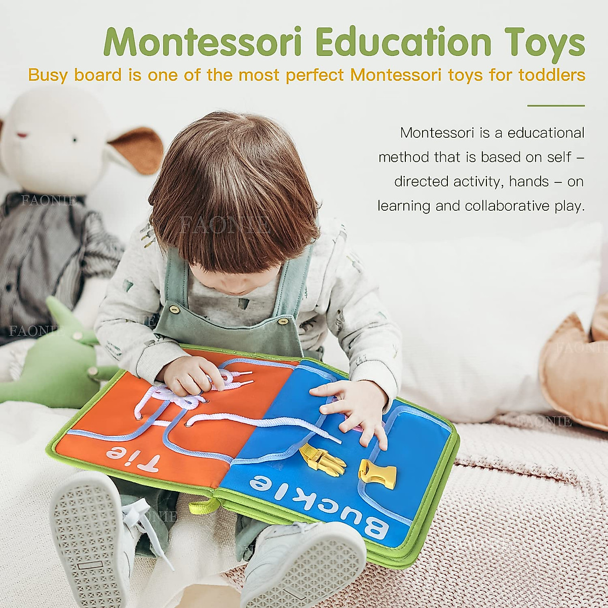 FAONIE Toddler Busy Board Toddler Early Learning Toys Basic Life Skills Learn to Dress Board Book - Zipper, Snap, Button, Buckle, Lace & Tie
