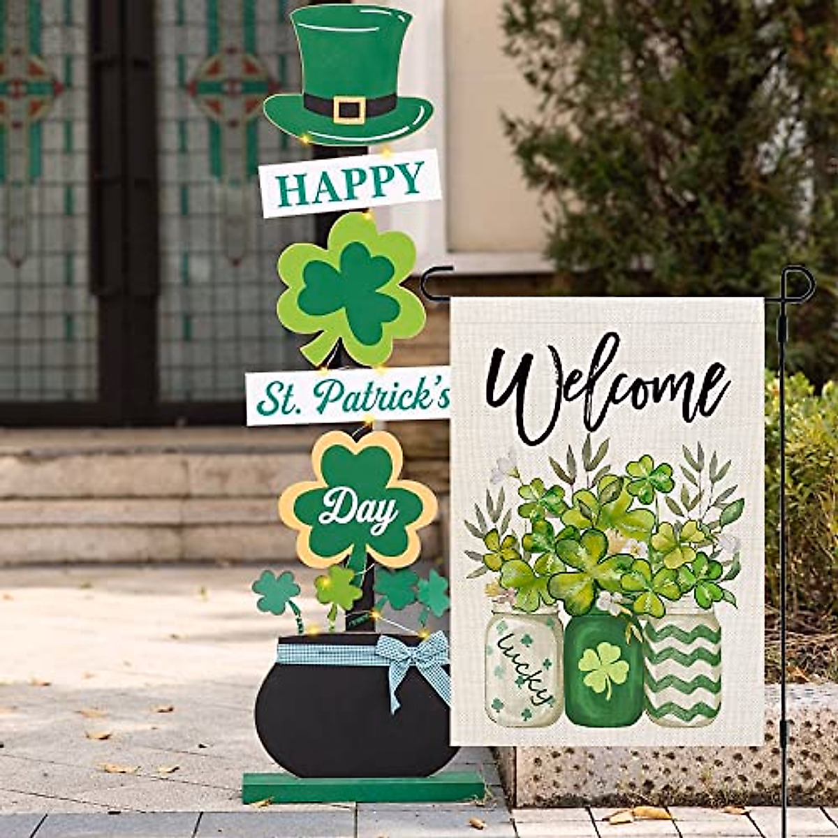 CROWNED BEAUTY St Patricks Day Garden Flag 12x18 Inch Double Sided for Outside Small Burlap Green Shamrocks Clovers Lucky Welcome Yard Holiday Flag CF725-12