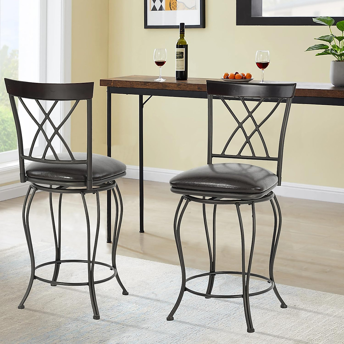 FurnitureR Classic Barstools Set of 2, Elegant Metal Back and Footrest Swivel Counter Height Bar Stools for Kitchen Island Pub, Bistro, Restaurant - Black (24 Inch)