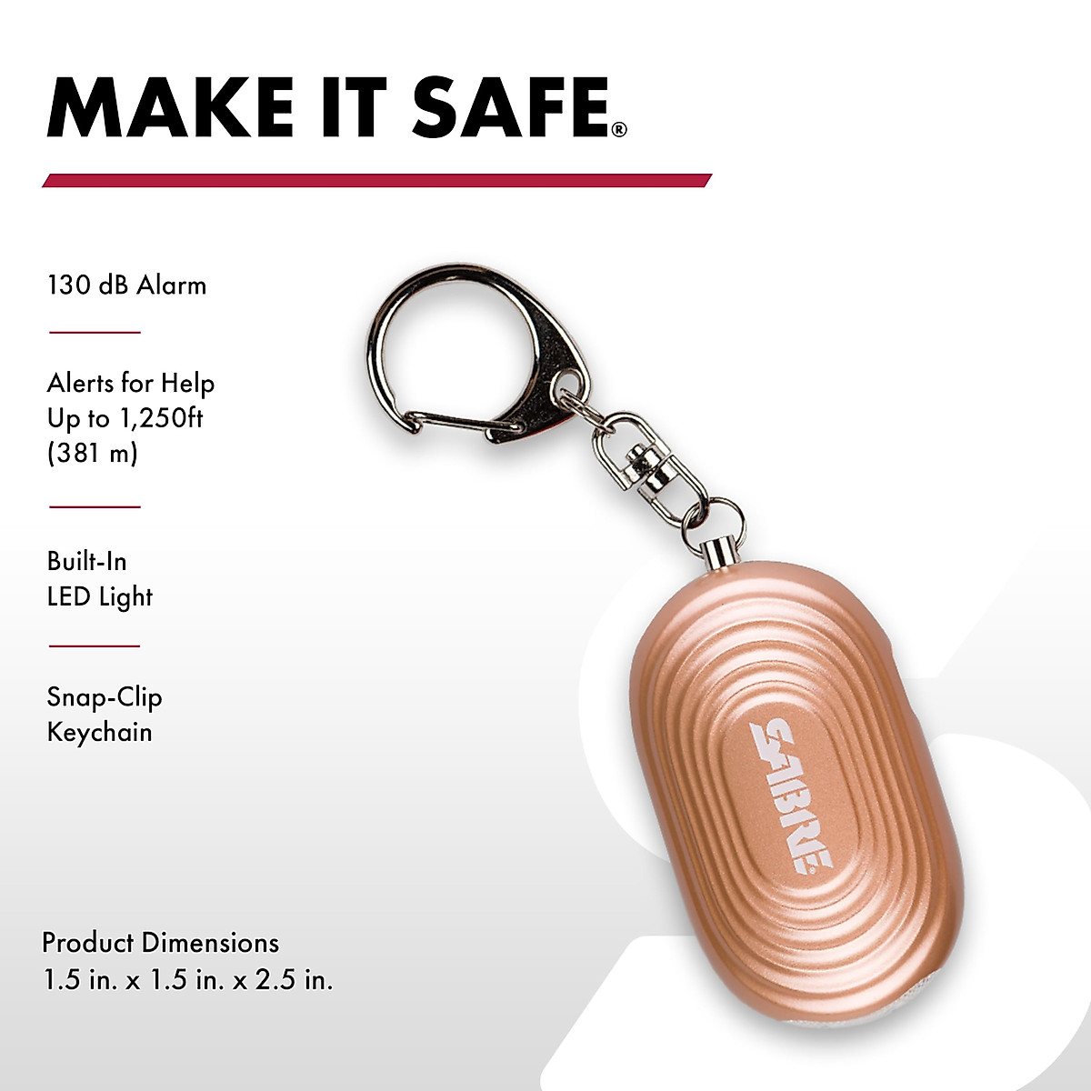 SABRE 2-in-1 Personal Alarm with LED Light, 130dB Personal Safety Siren, Snap Hook for Instant Access, 1,250 Foot (381 Meters) Range, Compact Design for Easy Attachment to Purse, Bag, or Keys
