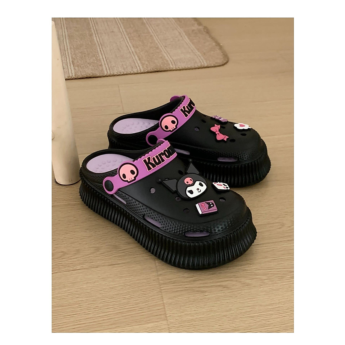 CEINOM Cute Cartoon Slippers Kuromi Kawaii Slippers for Women Cloud Slides indoor Outdoor Soft Comfy Anti-Slip garden Shoes (Black,6,6.5)