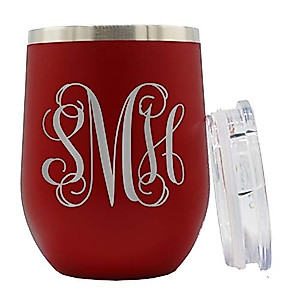 Custom Personalized Vine Monogram Powder Coated 12 oz Insulated Wine Tumbler - Monogrammed for Wife, Her, Women, Mom (Maroon)