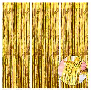 3 Pack Party Backdrop Decorations, 3.28 x 9.84 ft Gold Birthday Backdrop Tinsel Curtain Backdrop Birthday Decor Party Streamers Party Supplies for Birthday Wedding Graduation Bachelor Party