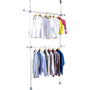 Adjustable Clothes Garment Rack for Hanging Clothes with 2 Layers of Retractable Heavy Closet Hanger Rods, Rolling Garment Rack with Shelves Carbon Steel Material 30"W x 97"L to 53"W x 119" L