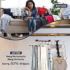 {Upgraded} Space Saving Magic Pants Hangers Multi-Layers (Pack of 2) for Men and Women. Multifunctional Use for Pants Scarves Skirts and Ties - Non-Slip Hangers with 5 Tiers for Closet Organizer