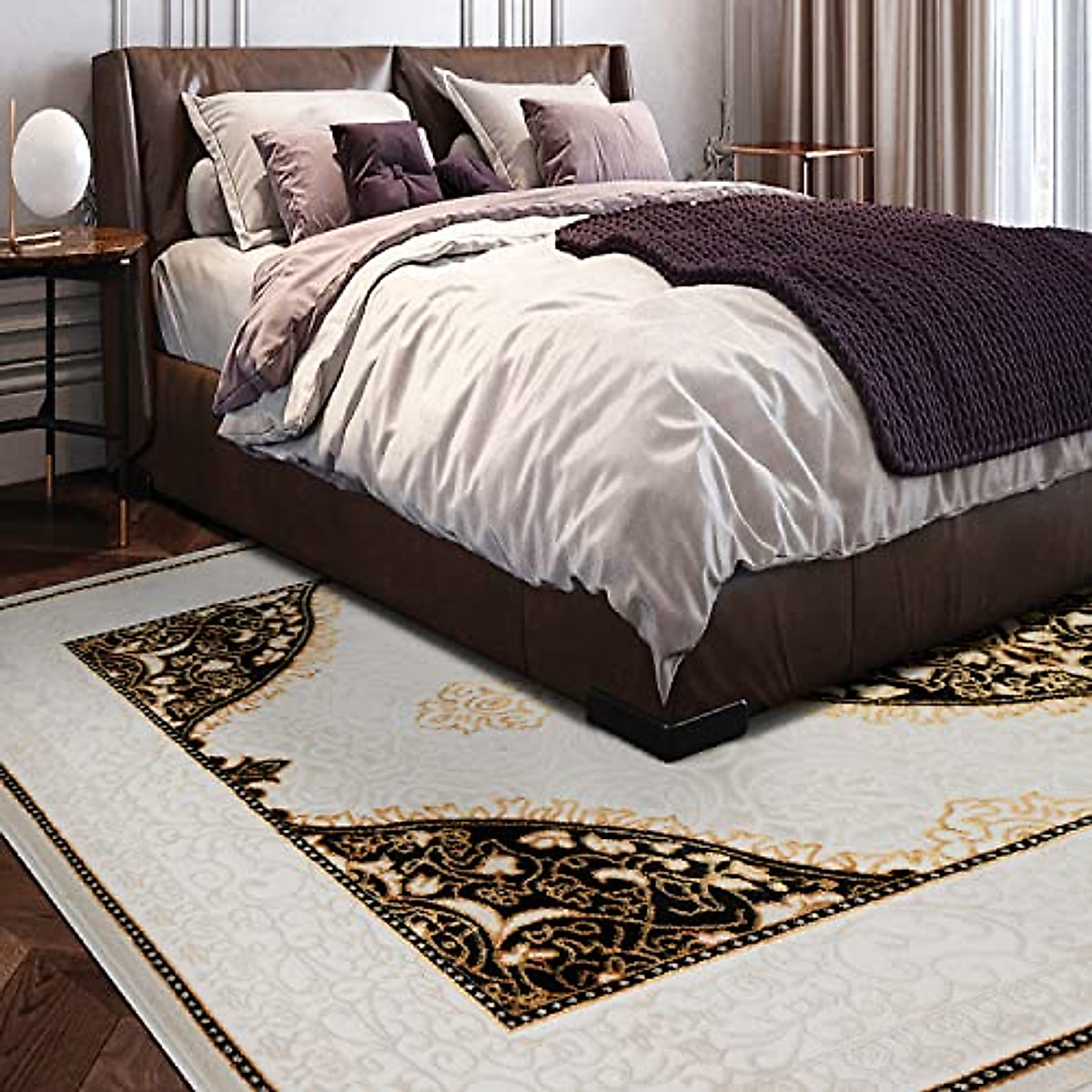 Antep Rugs Babil Gold 8x10 Oriental Bordered High Low Textured Traditional Indoor Area Rug, Beige Black, 7'10" x 10'